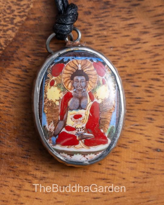 Medicine Buddha Pendant with Cord Necklace and Wood bead